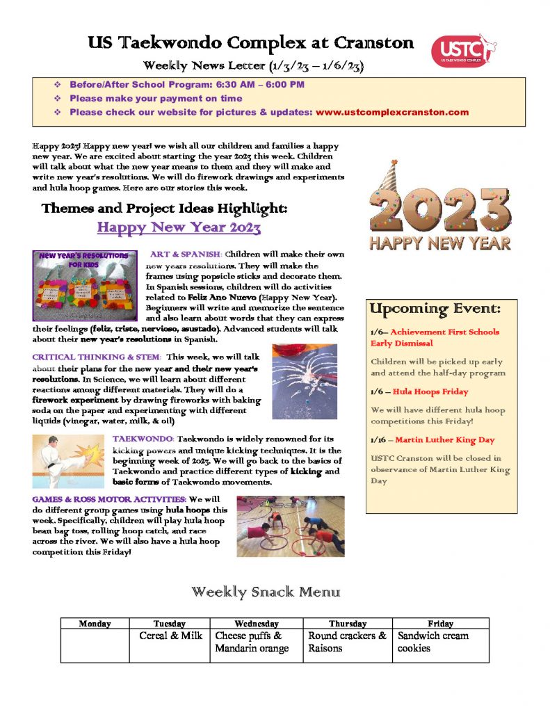 Weekly Newsletter (1/2 – 1/6) – US Taekwondo Complex